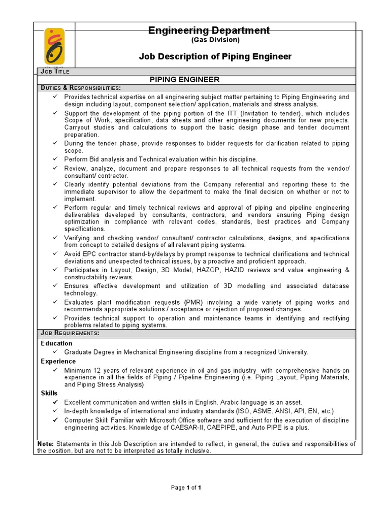 Job Description-Piping Engineer | PDF | Engineering | Specification (Technical Standard)