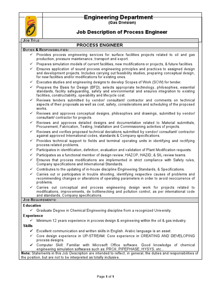 Job Description-Process Engineer | PDF | Engineering | Design