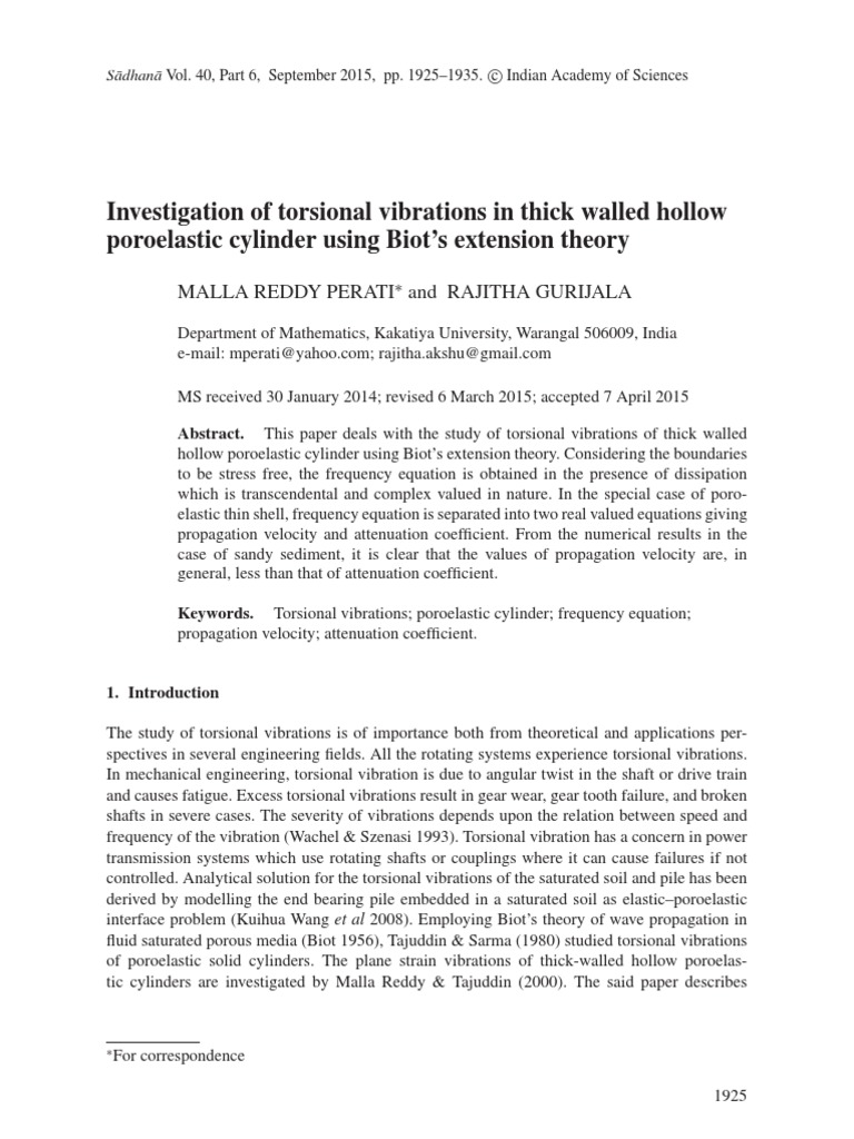 Investigation of Torsional Vibrations in Thick Walled Hollow Poroelastic Cylinder Using Biot's ...
