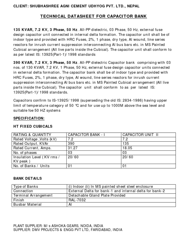 Agni Cement Capacitor Bank Specifications | PDF | Technology & Engineering