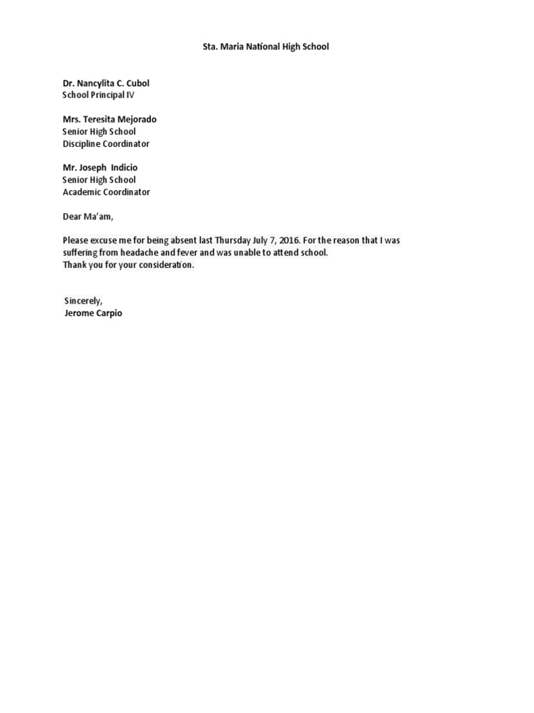 Request for Excused Absence Due to Illness from Jerome Carpio of Sta ...