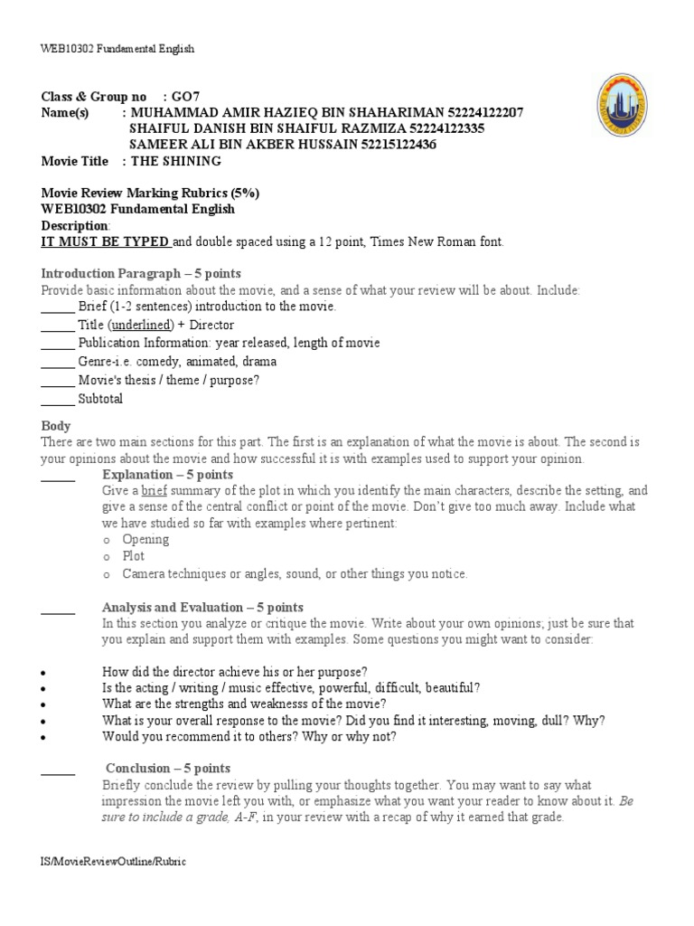 Rubric - Moview Review Outline Sept 2022 Sem | PDF | Cognition ...