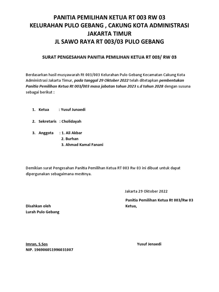 Surat Pengesahan Panitia Pemilihan Ketua RT 003 | PDF Surat Pengesahan Panitia Pemilihan Ketua RT 003 | PDF