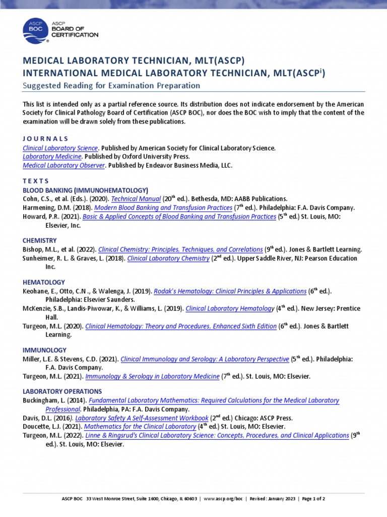 Mlt Imlt Reading List Pdf Medical Laboratory Pathology