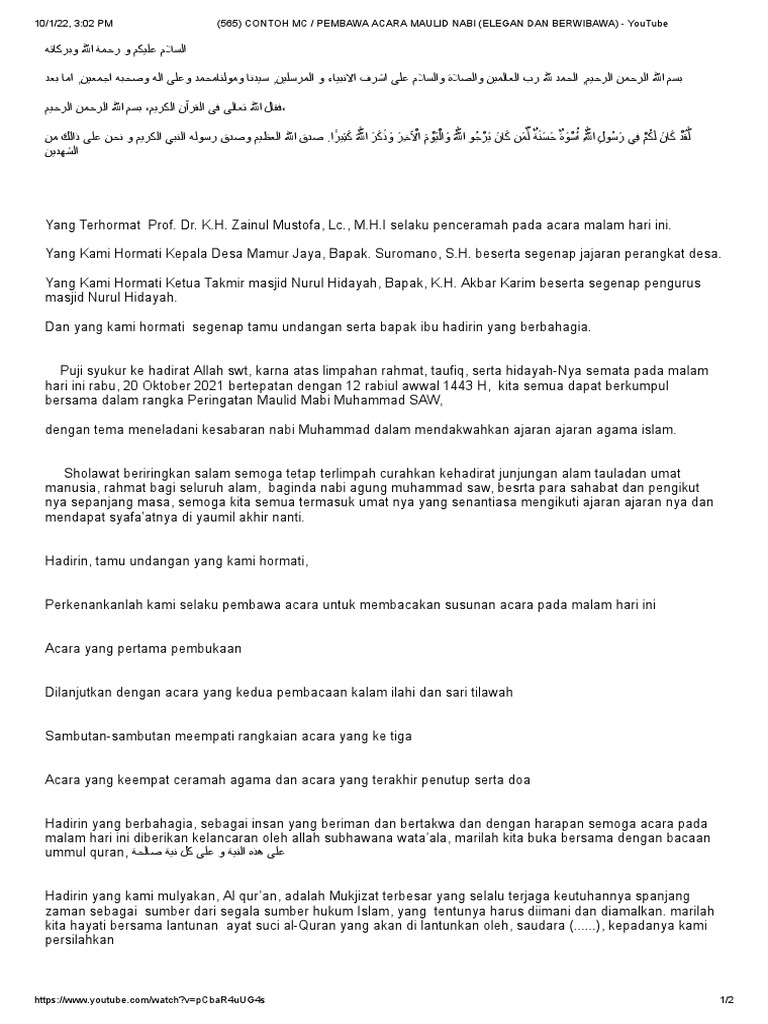 CONTOH MC - PEMBAWA ACARA MAULID NABI (ELEGAN DAN BERWIBAWA) - YouTube ...