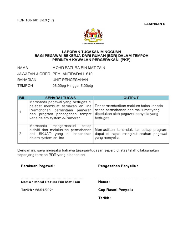 Lampiran B - LAPORAN TUGASAN MINGGUAN BAGI BDR DALAM TEMPOH | PDF
