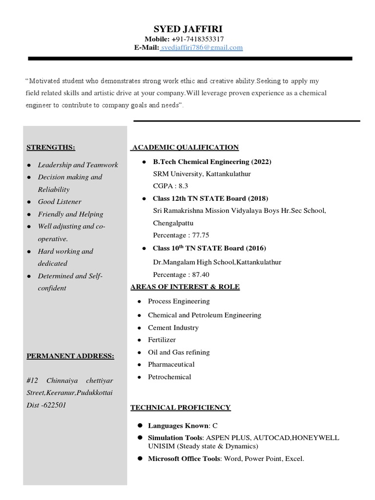 Syed Jaffiri J - Resume | PDF | Engineering