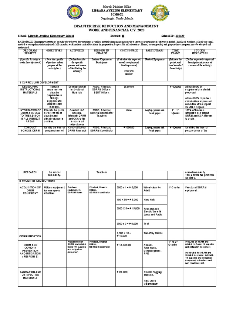 Laes DRRM - Work and Financial Plan | PDF | Emergency Management