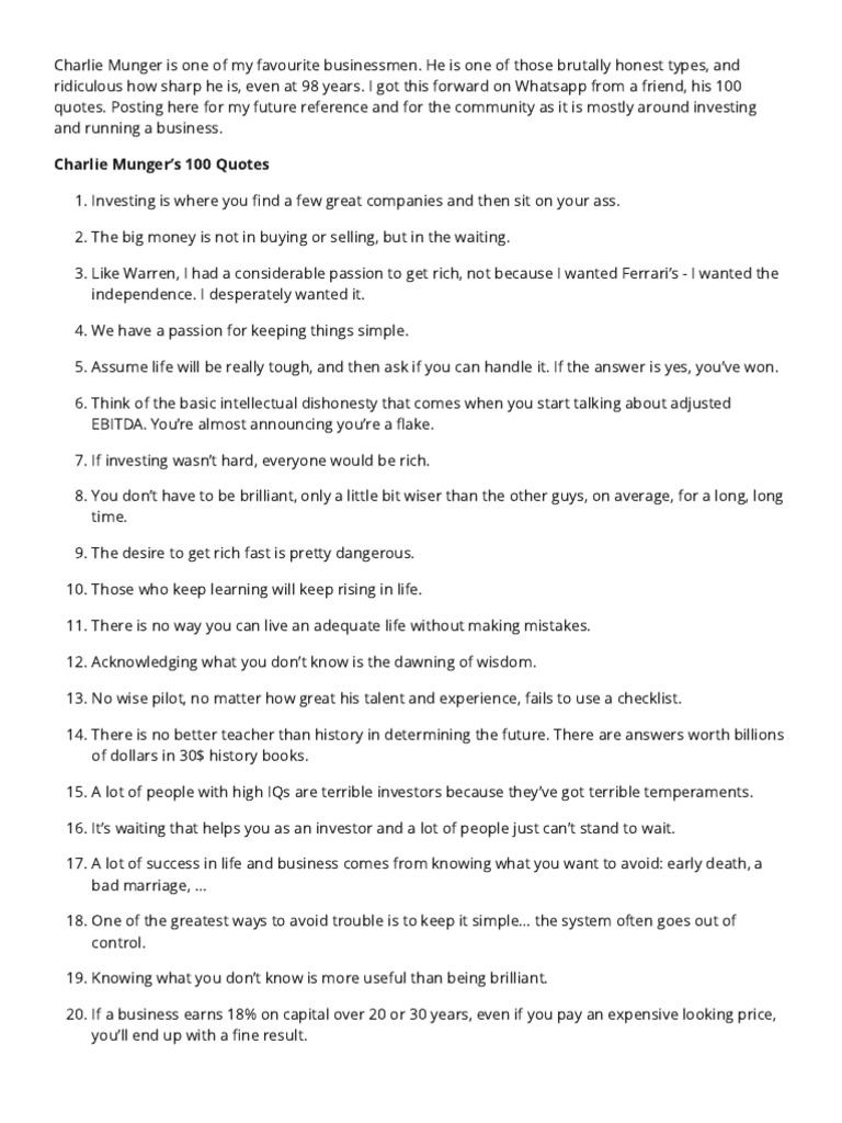 Charlie Munger - S 100 Quotes - Creators .. | PDF