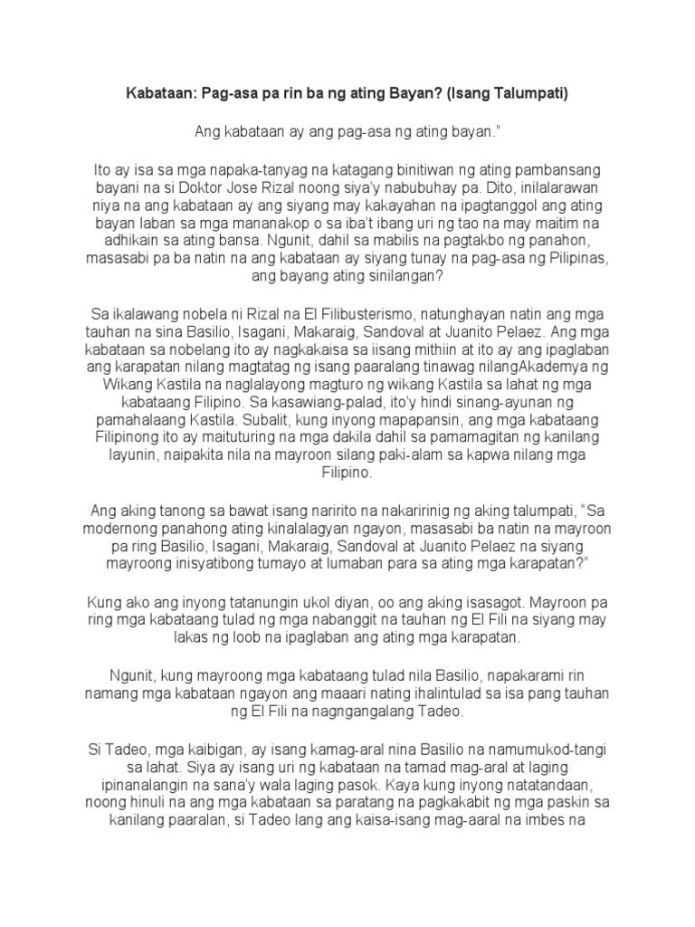 Kabataan Pag Asa Pa Rin Ba NG Ating Bayan Isang Talumpati | PDF Kabataan Pag Asa Pa Rin Ba NG Ating Bayan Isang Talumpati | PDF