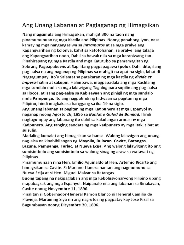 Ang Unang Labanan at Paglaganap NG Himagsikan | PDF