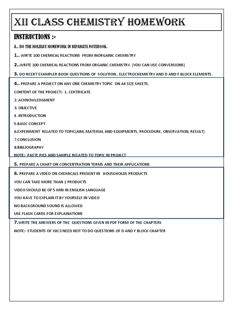 CHEMISTRY Holiday HOMEWORKxii | PDF