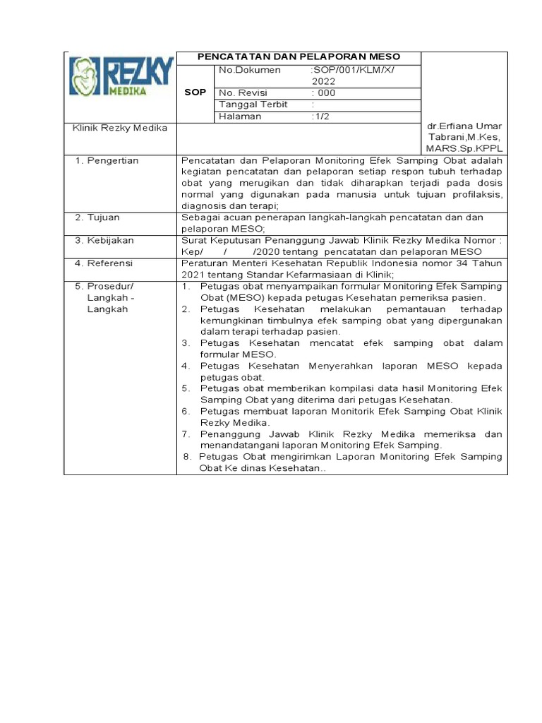 Rill SOP PENCATATAN DAN PELAPORAN MESO Klinik Rezky Medika | PDF