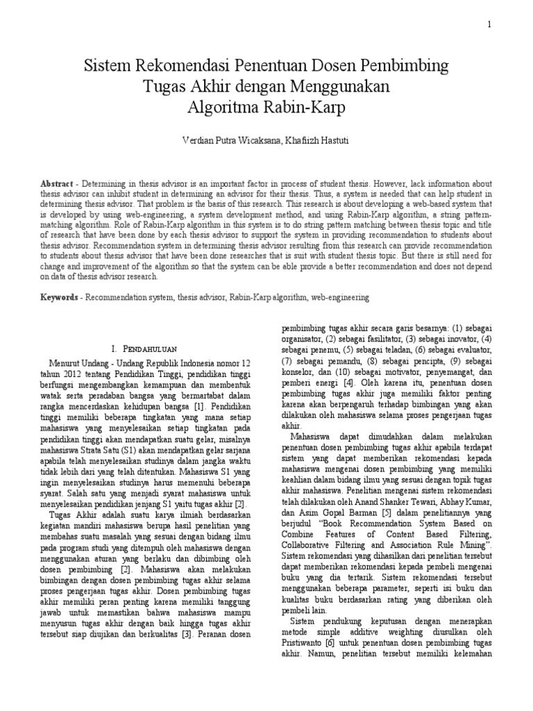 Sistem Rekomendasi Penentuan Dosen Pembimbing Tugas Akhir Dengan Menggunakan Algoritma Rabin ...