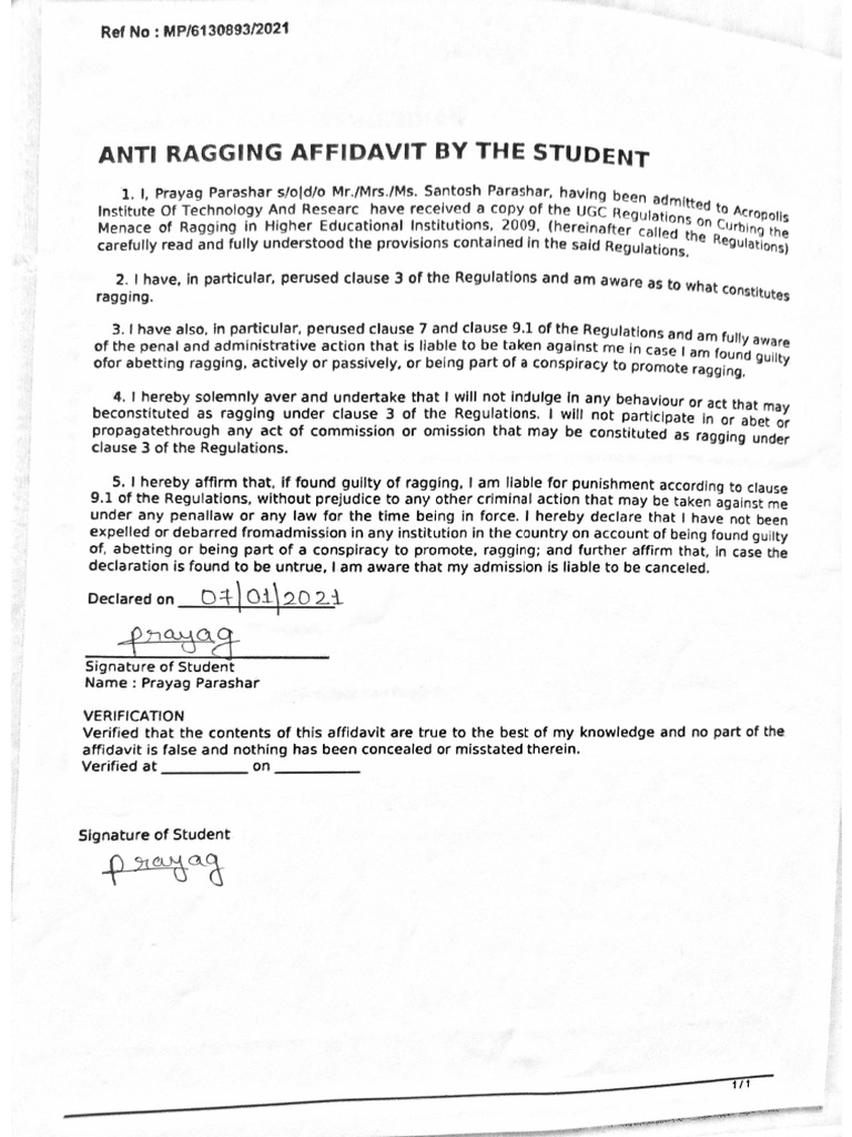 Anti Ragging Affidavit by The Student | PDF