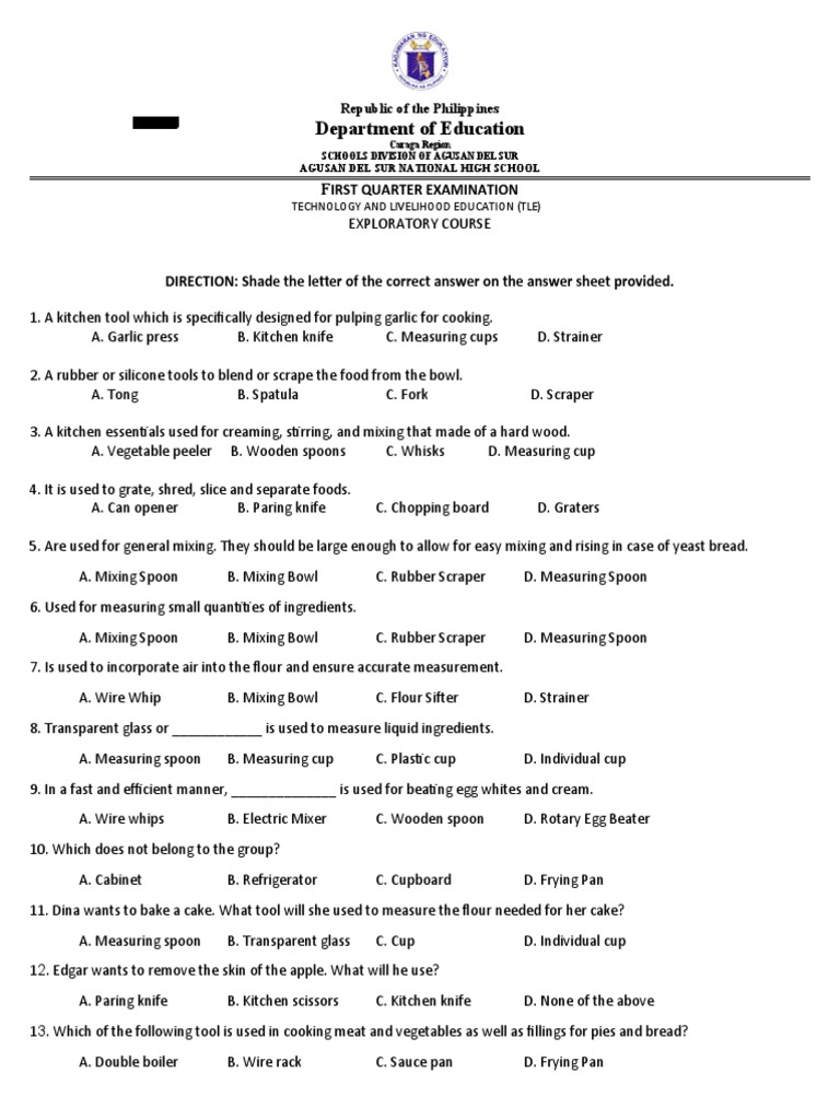 Grade 9 TLE Cookery Exam Review | PDF