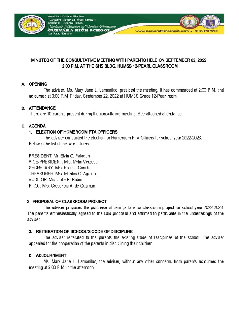 Minutes of Parents Consultative Meeting | PDF | Wellness | Science ...