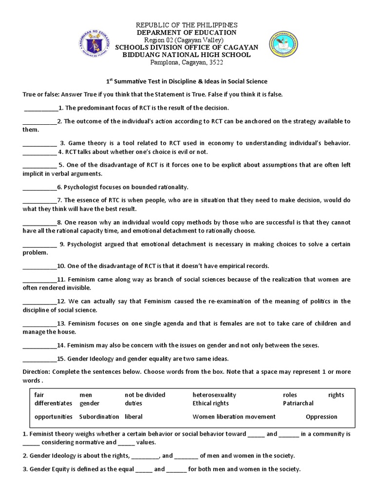 1st Summative Test in Discipline & Ideas in Social Science | PDF