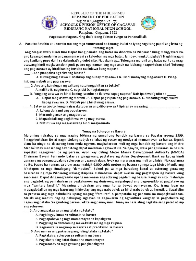 1st Summative Test Pagbasa at Pagsusuri NG Iba't Ibang Teksto Tungo Sa ...