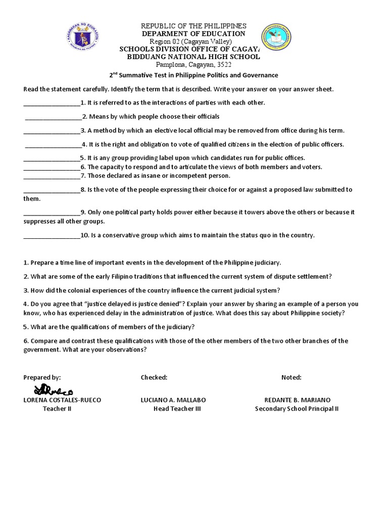 Philippine Politics Summative Test | PDF | Philippines | Voting