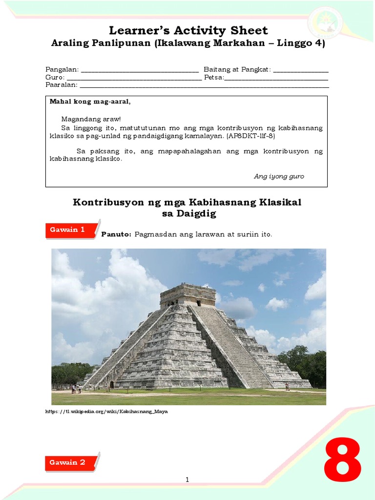 Learner's Activity Sheet: Araling Panlipunan (Ikalawang Markahan - Linggo 4) | PDF