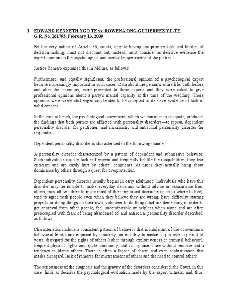 Jurisprudence On Art. 36 Civil Code | PDF | Mental Disorder ... Jurisprudence On Art. 36 Civil Code | PDF | Mental Disorder ...