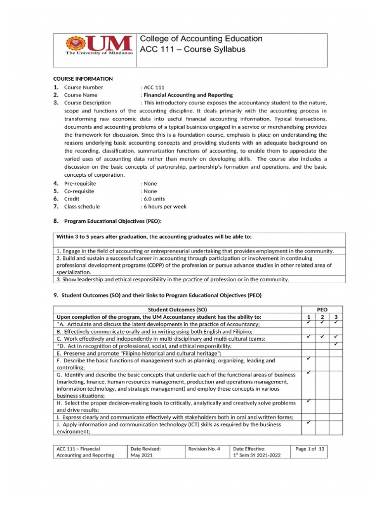 BSA1 ACC 111 Financial Accounting and Reporting Rev 4 1st Sem SY 2021 2022 01 | PDF