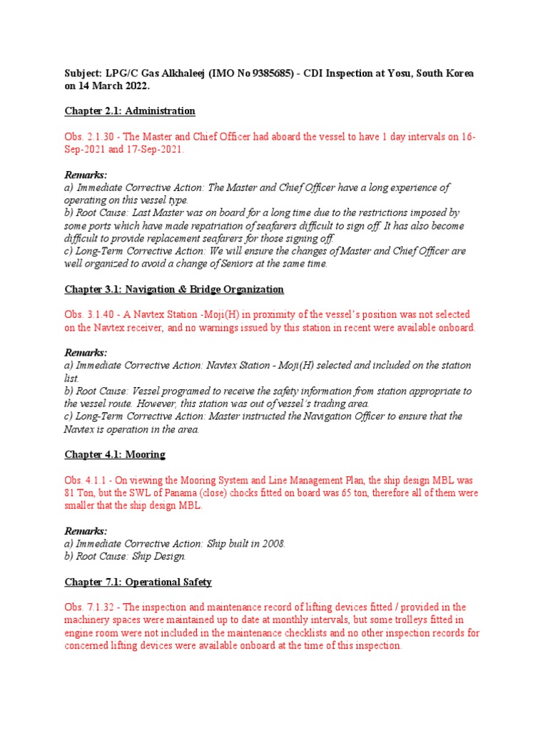 Subject: LPG/C Gas Alkhaleej (IMO No 9385685) - CDI Inspection at Yosu, South Korea On 14 March ...