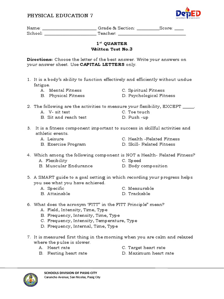 Physical Fitness Components and Skills: A Review Quiz | PDF | Physical ...