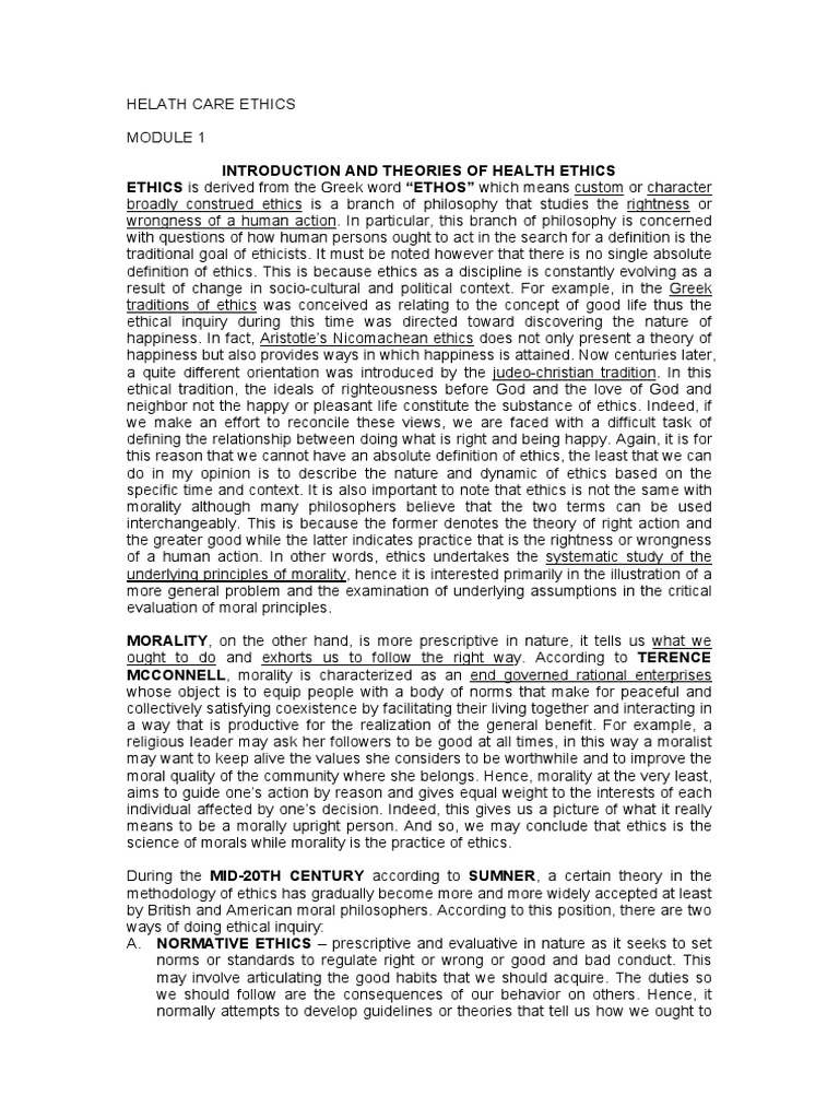 Module 1 Introduction And Theories Of Health Ethics Pdf