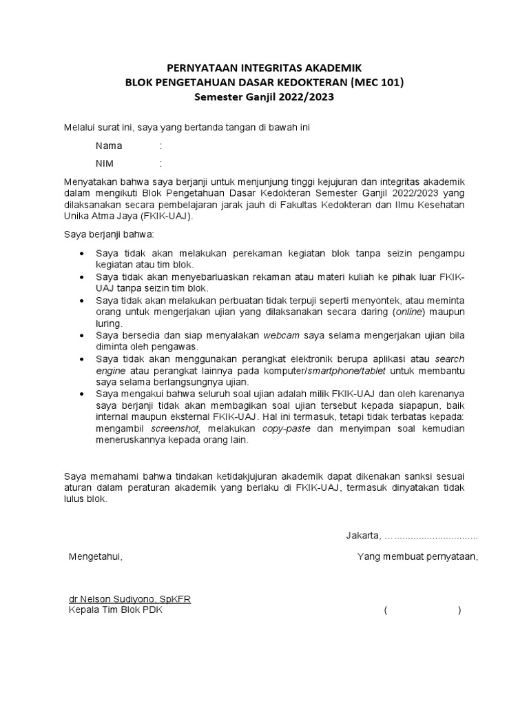 Template Pakta Integritas Blok PDK 2022 | PDF