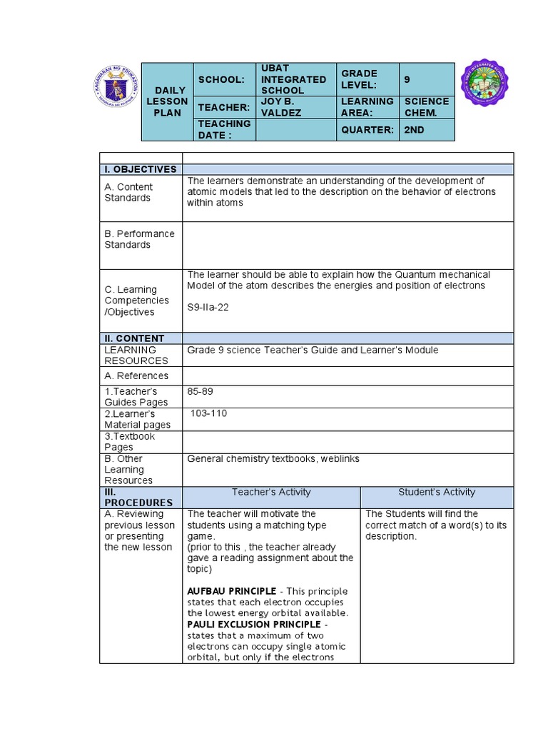 S9-IIa-22 Quantum Mechanical Model Lesson Plan 2nd Quarter | PDF ...