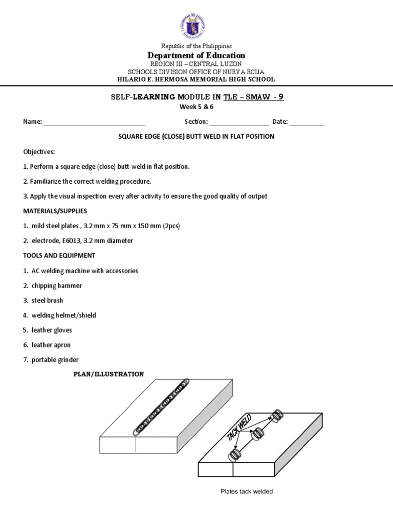 9 Smaw 3rd Q Week 5 N 6square Edge (Close) Butt Weld in Flat Position | PDF