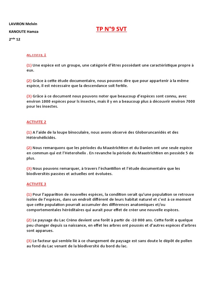 TP N°9 SVT: Activite 1 | PDF