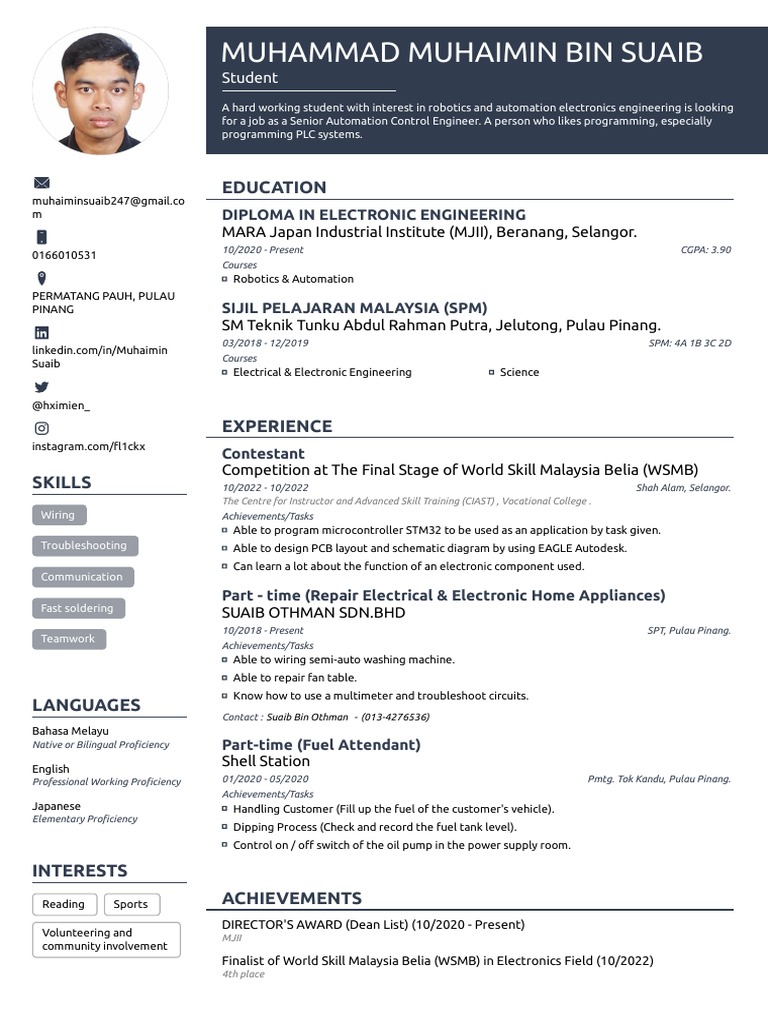 Muhammad Muhaimin Bin Suaib (RESUME) | PDF | Electronics | Automation