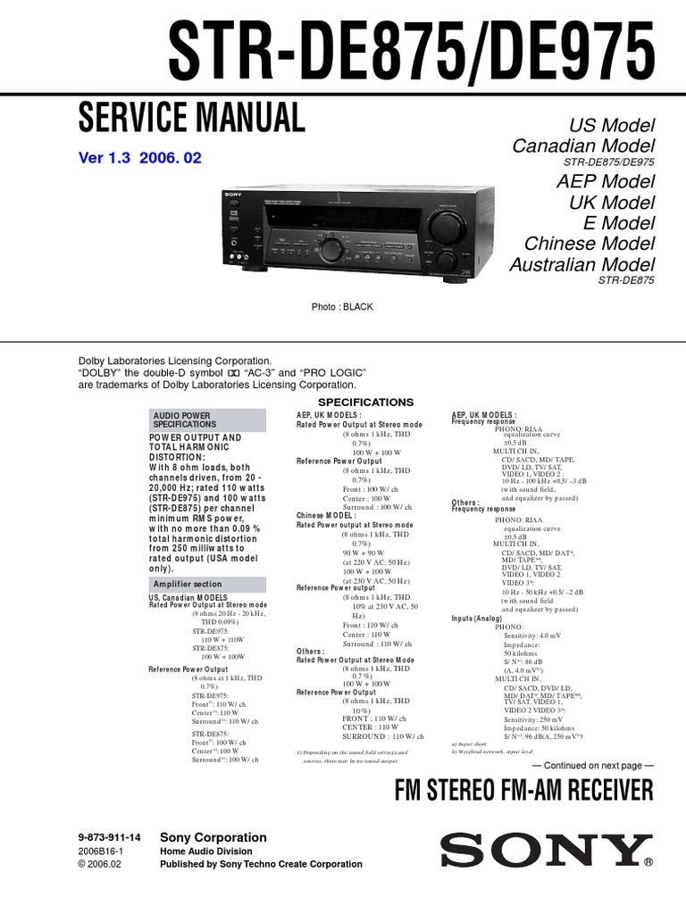 Sony STR De875, De975 | PDF | Sound Technology | Sound Production