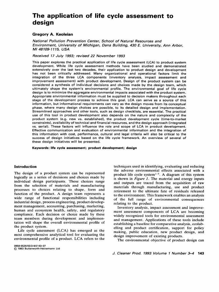 The Application of Life Cycle Assessment To Design: Gregory A. Keoleian ...