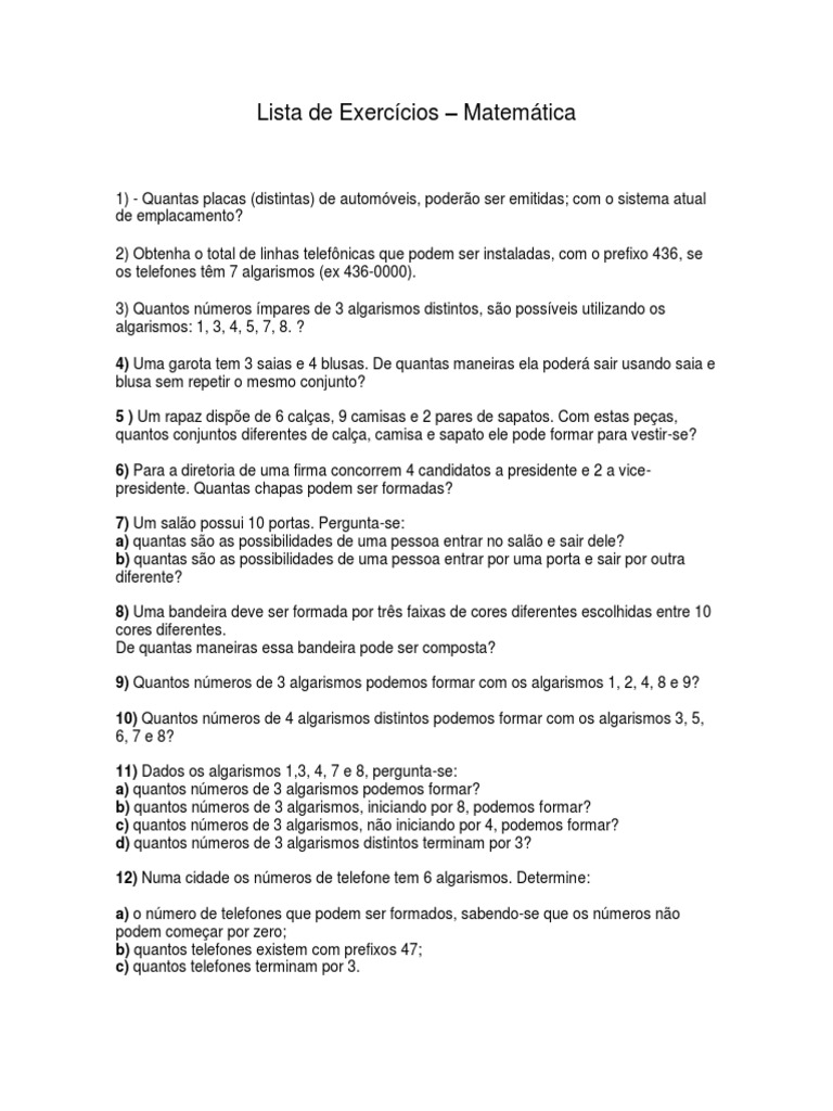 Lista de Exercicios - Contagem | PDF | Cor | Telefone