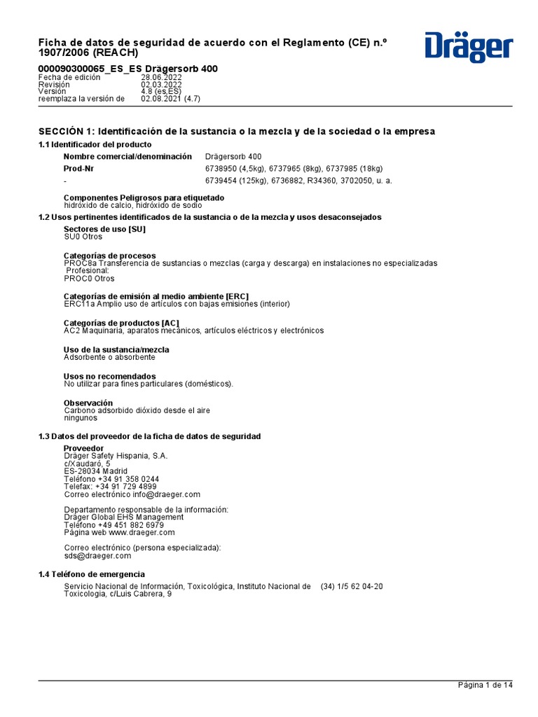 Ficha de Seguridad Drägersorb 400 REACH | PDF | Residuos | Toxicidad