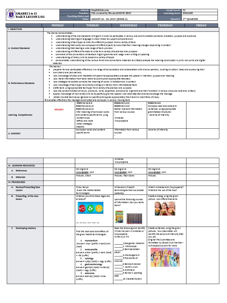 DLL - English 6 - Q2 - W3 | PDF DLL - English 6 - Q2 - W3 | PDF