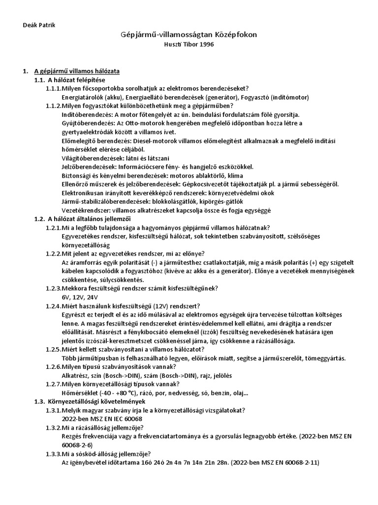 Villamosságtan Huszti Kérdések | PDF