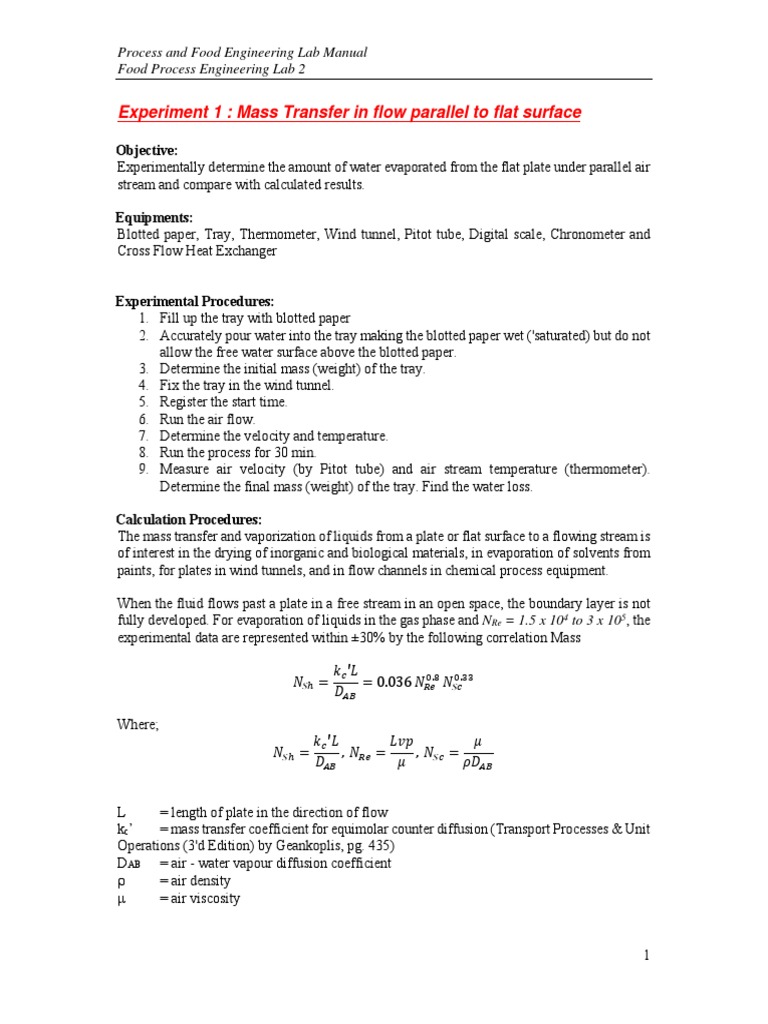 Lab Manual Exp 1-Mass Transfer | PDF | Water Vapor | Transport Phenomena