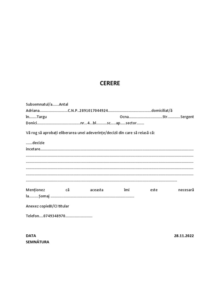 Cerere Eliberare Adeverinta Sau Decizie | PDF