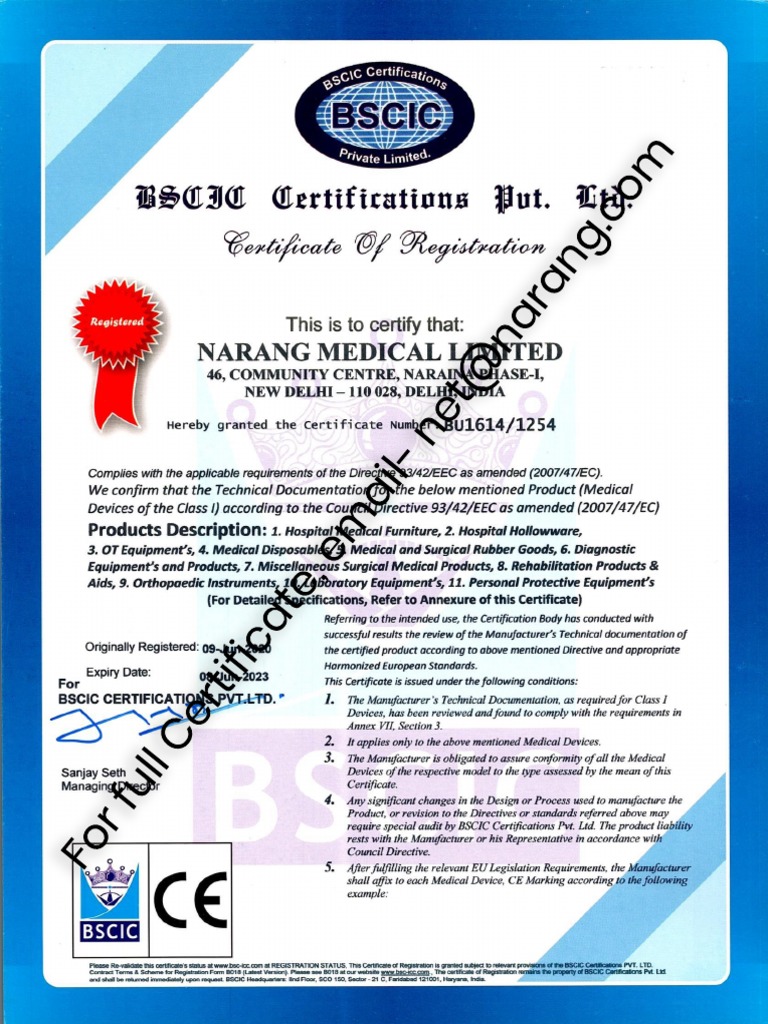 12 Certificate CE MDD Narang Medical Limited | PDF