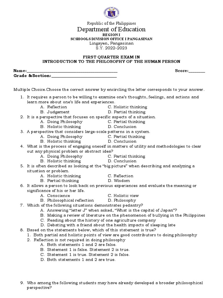 First Quarter Philosophy Exam Guide | PDF | Thought | Truth