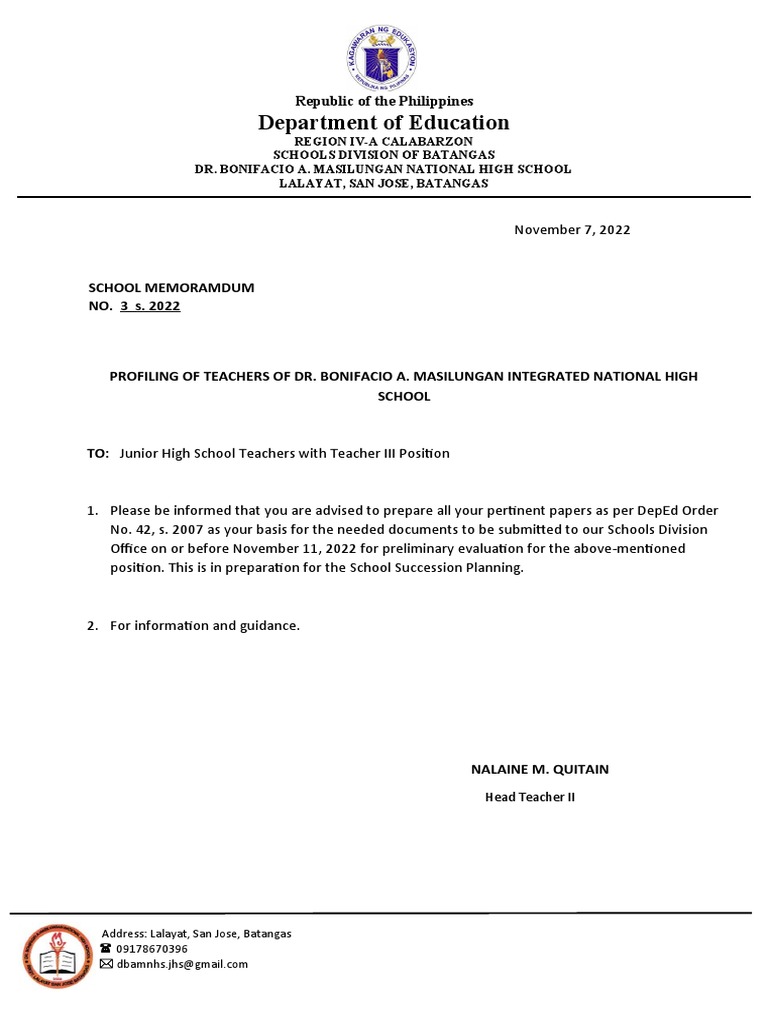 Teacher Profiling Memo 2022 | PDF