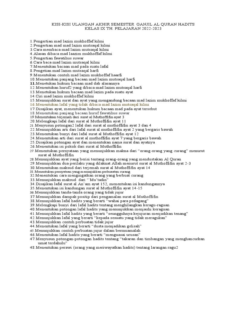 Kisi-Kisi Pas Gasal 2022-2023 KLS 9-1 | PDF