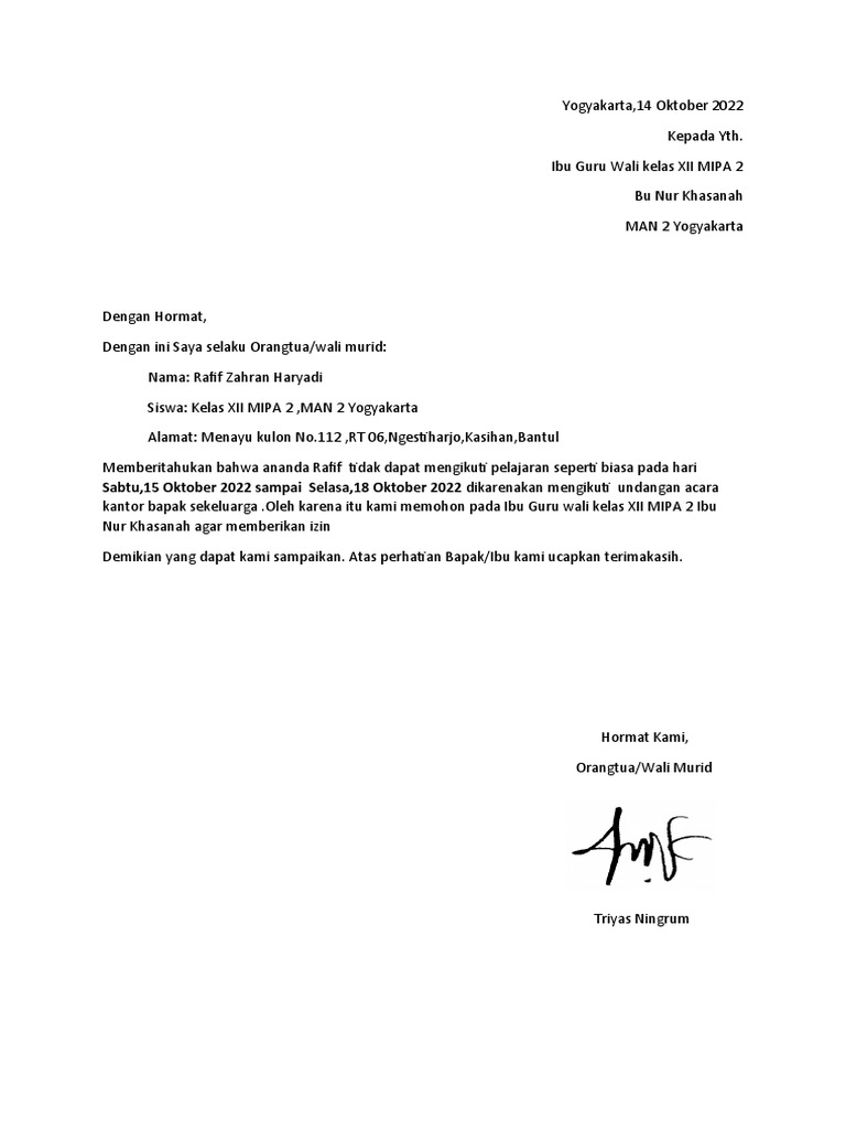 Surat Izin Sekolah | PDF