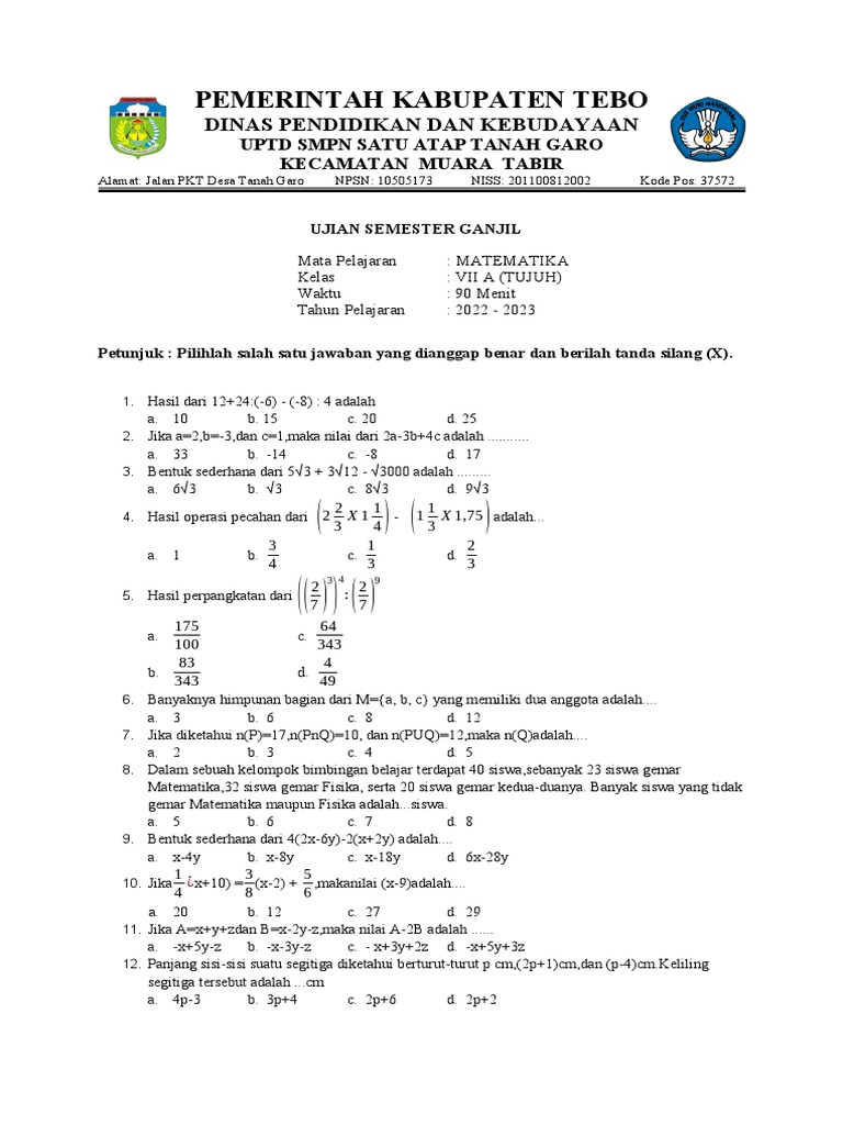 Soal Mate Matika Kelas 7 A | PDF