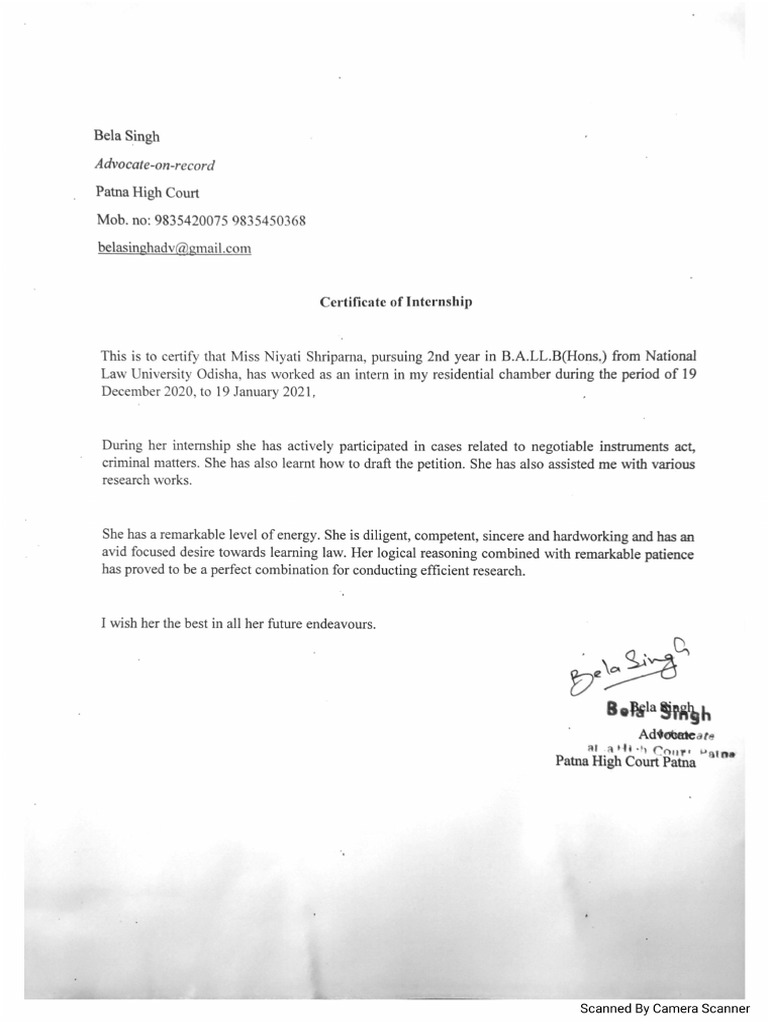 Adv. Bela Singh PHC Internhip Certificate | PDF